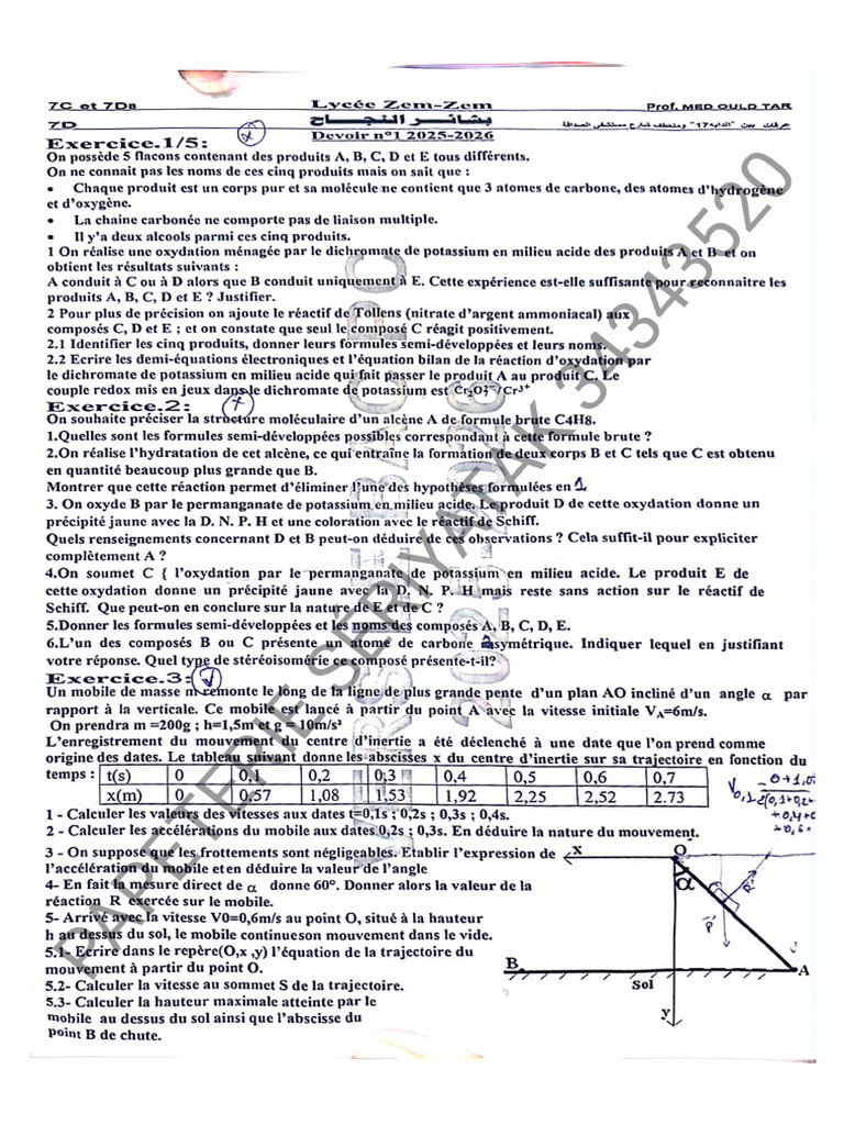 Devoir PC 7d Devoir PC 7c E.P Zemzem 2025-2026 | PDF