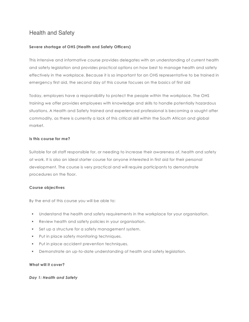 Course Outline - Health and Safety | PDF | First Aid | Occupational ...
