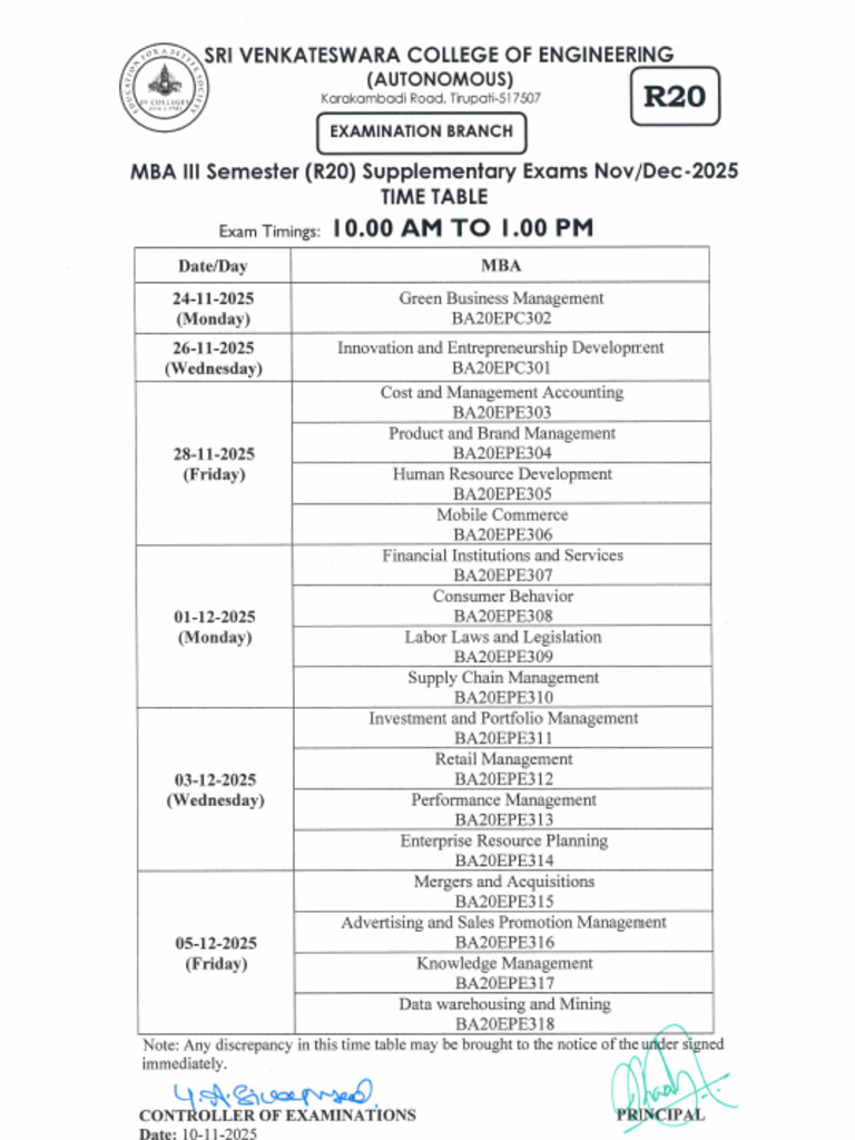 MBA III Sem (R20) Supplementary Exam Timetable, Nov-Dec-2025 | PDF