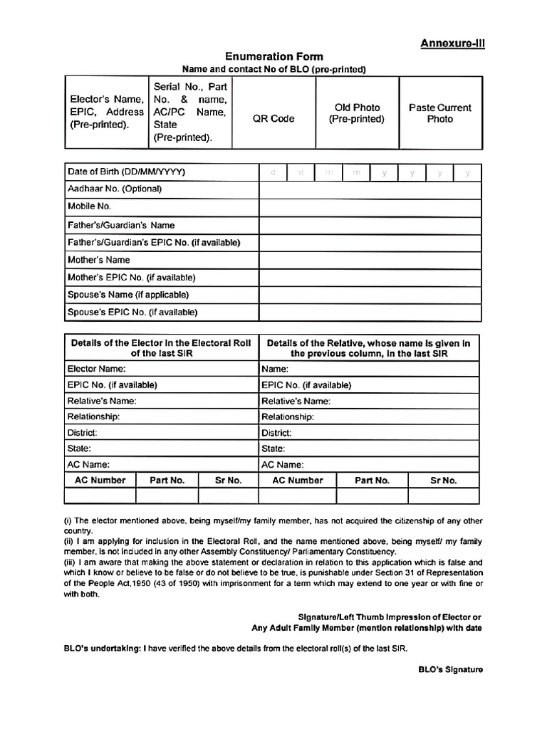 SIR Enumeration Form PDF | PDF