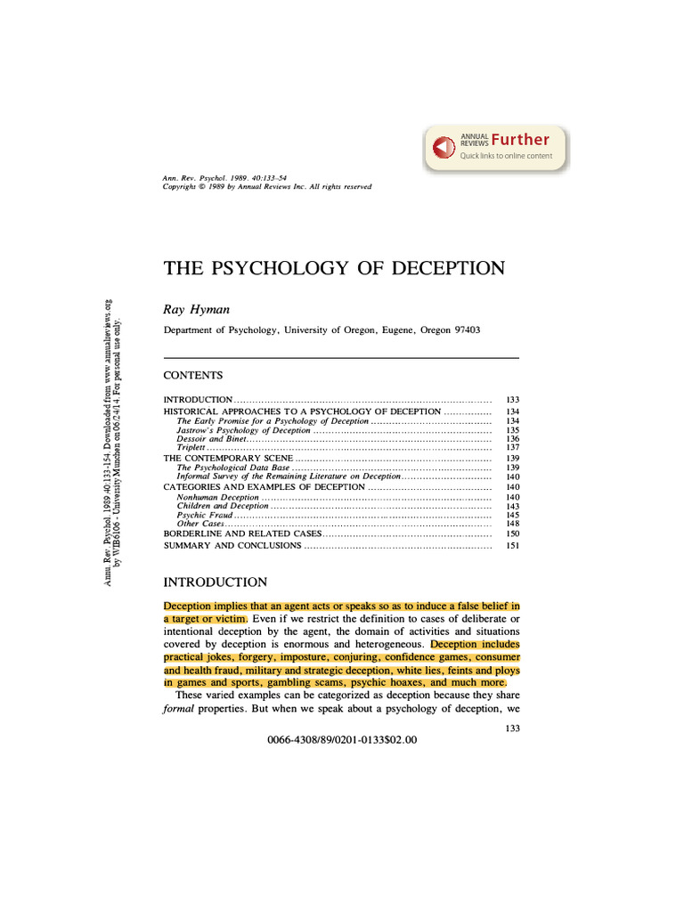 Psychology of Deception Overview | PDF | Magic (Illusion) | Perception