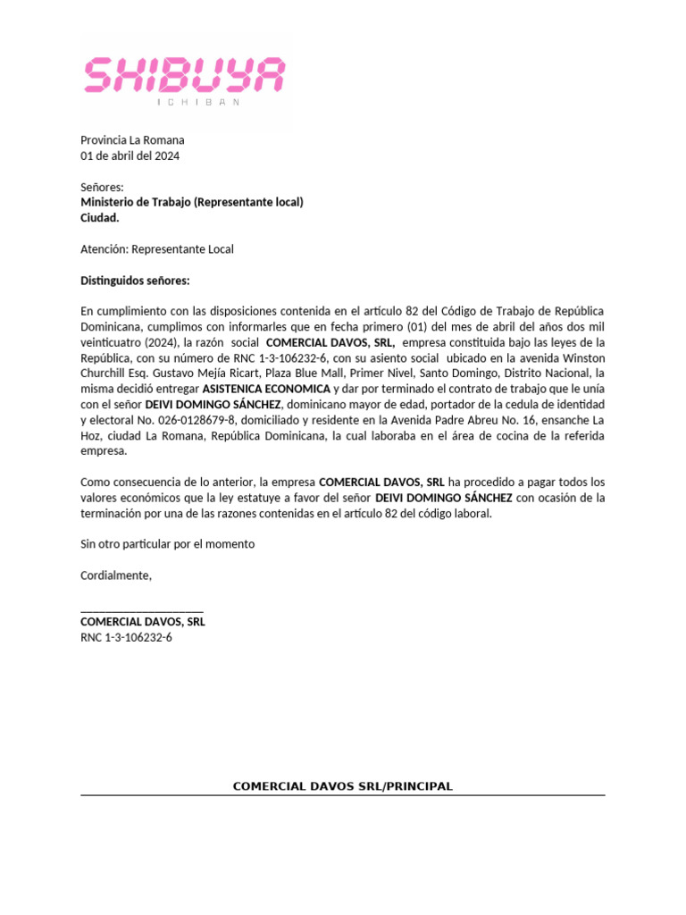 Carta de Asitencia Economica Daivi Domingo | PDF
