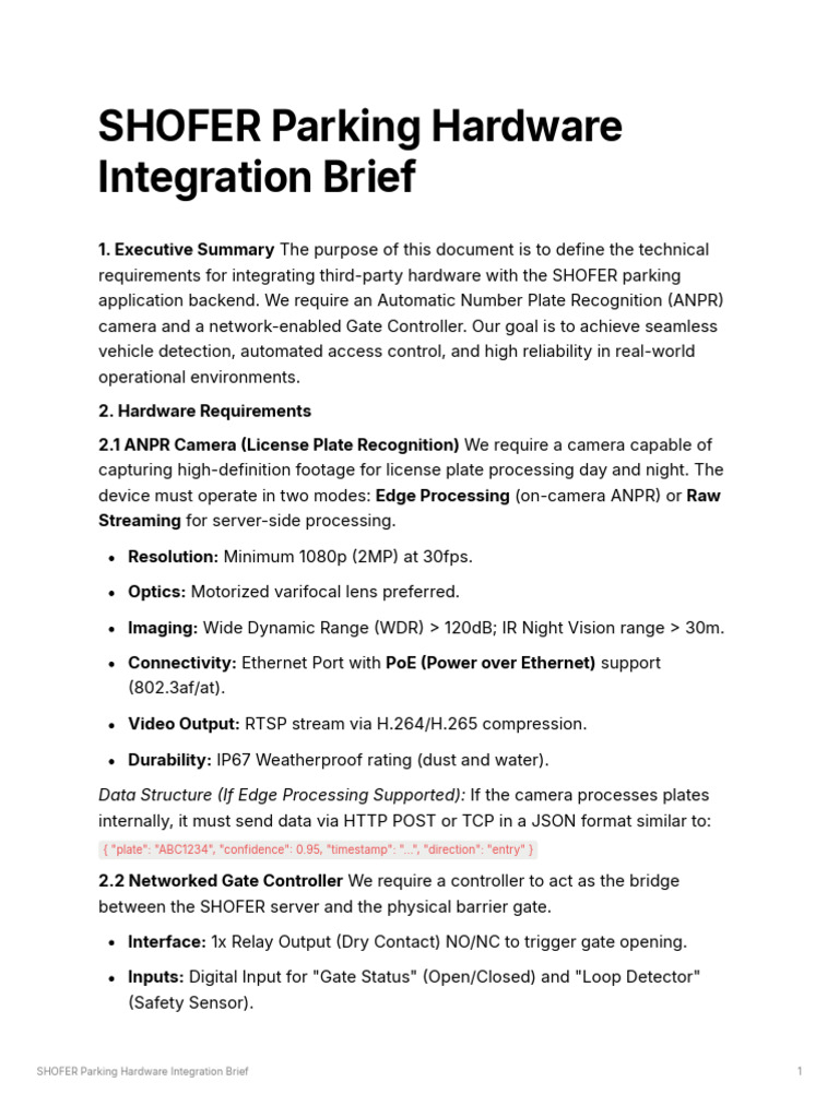 SHOFER Parking Hardware Integration Brief | PDF | Computer Network ...
