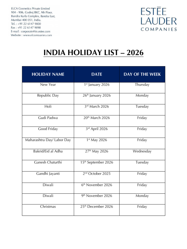 India Holiday List - 2026 | PDF