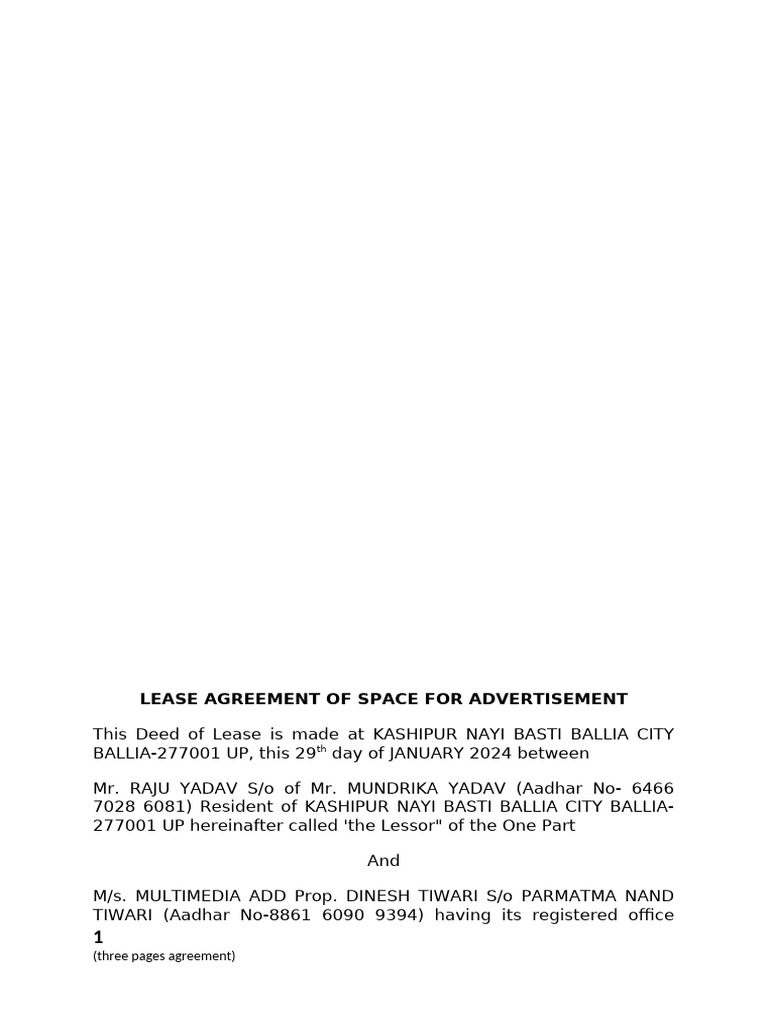 LEASE AGREEMENT OF SPACE FOR ADVERTISEMENT RAJU YADAV | PDF | Lease ...