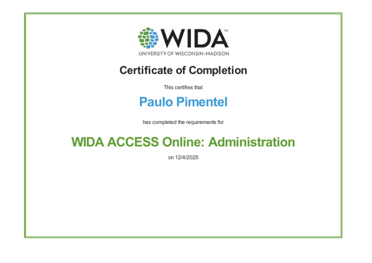 WIDA ACCESS Online Completion Certificate | PDF