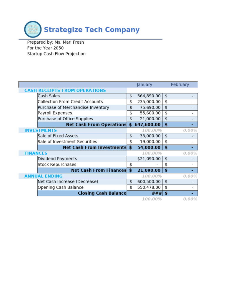 2050 Tech Startup Cash Flow Plan | PDF | Investing | Dividend