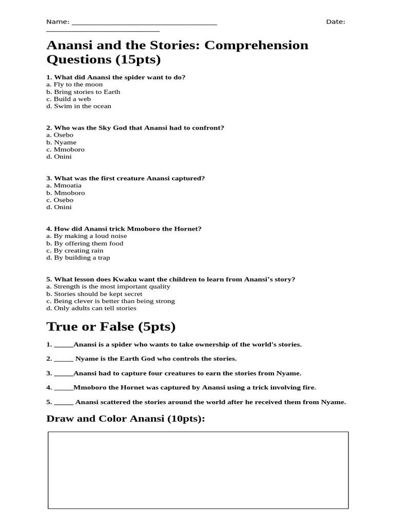 Anansi and The Stories Reading Comprehension | PDF