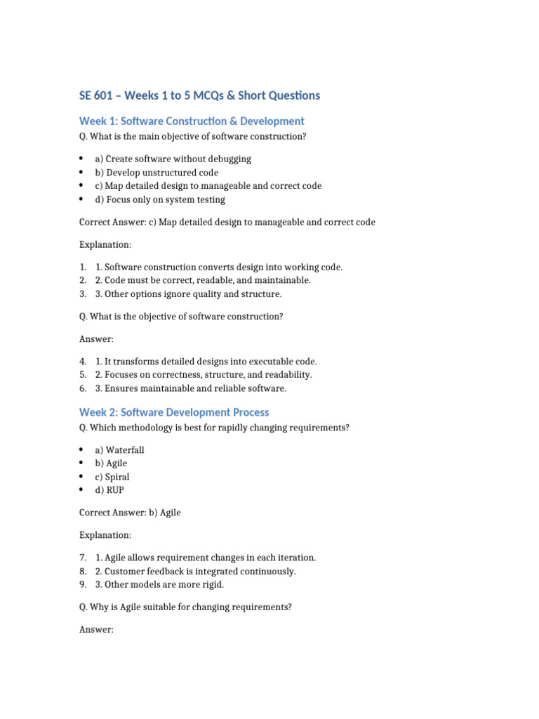 SE601 Weeks1 To 5 MCQs and Short Questions | PDF