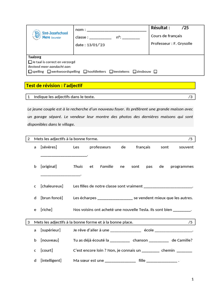 Test de révision sur les adjectifs en français | PDF