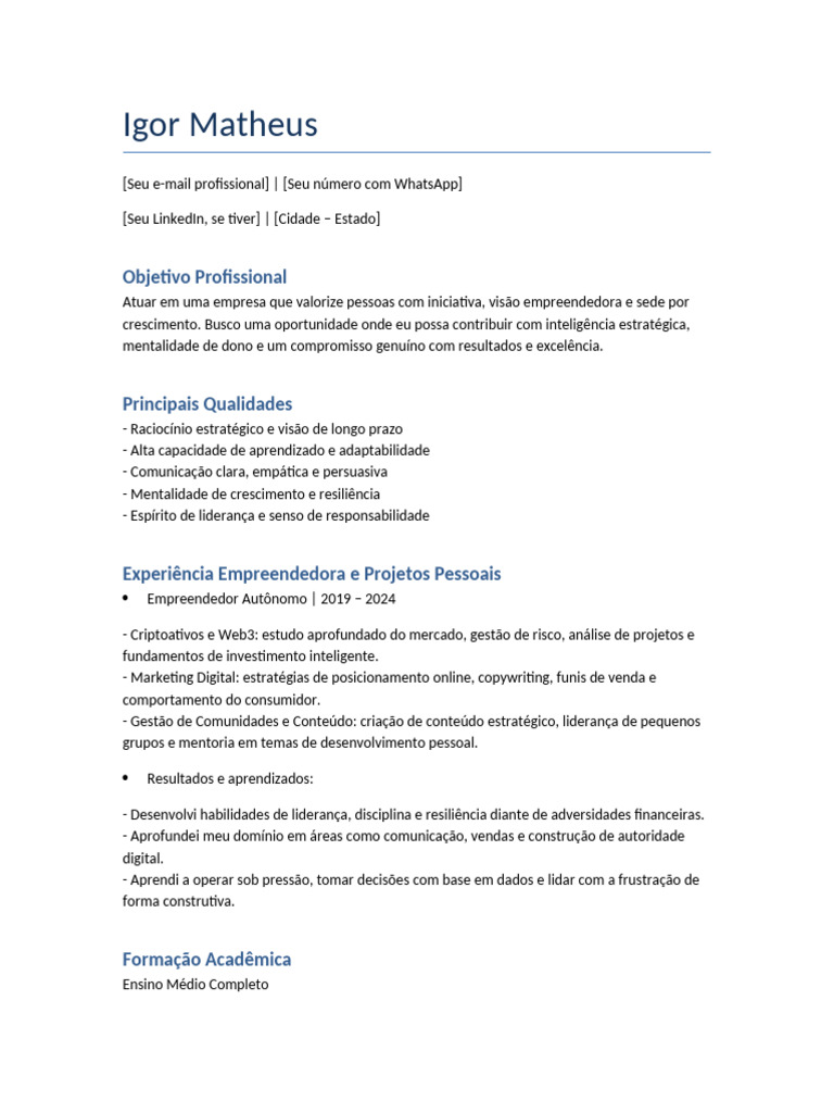 Perfil Profissional de Igor Matheus | PDF