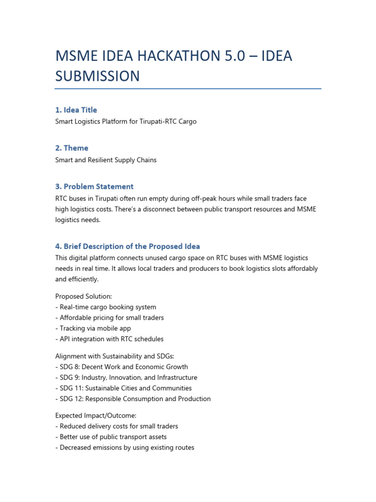 Smart Logistics RTC Cargo Idea Submission | PDF