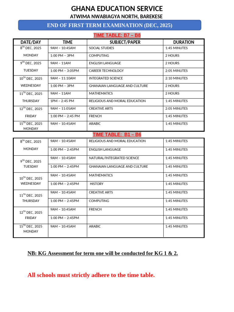 Ghana End of Year Exam Timetable 2025 | PDF