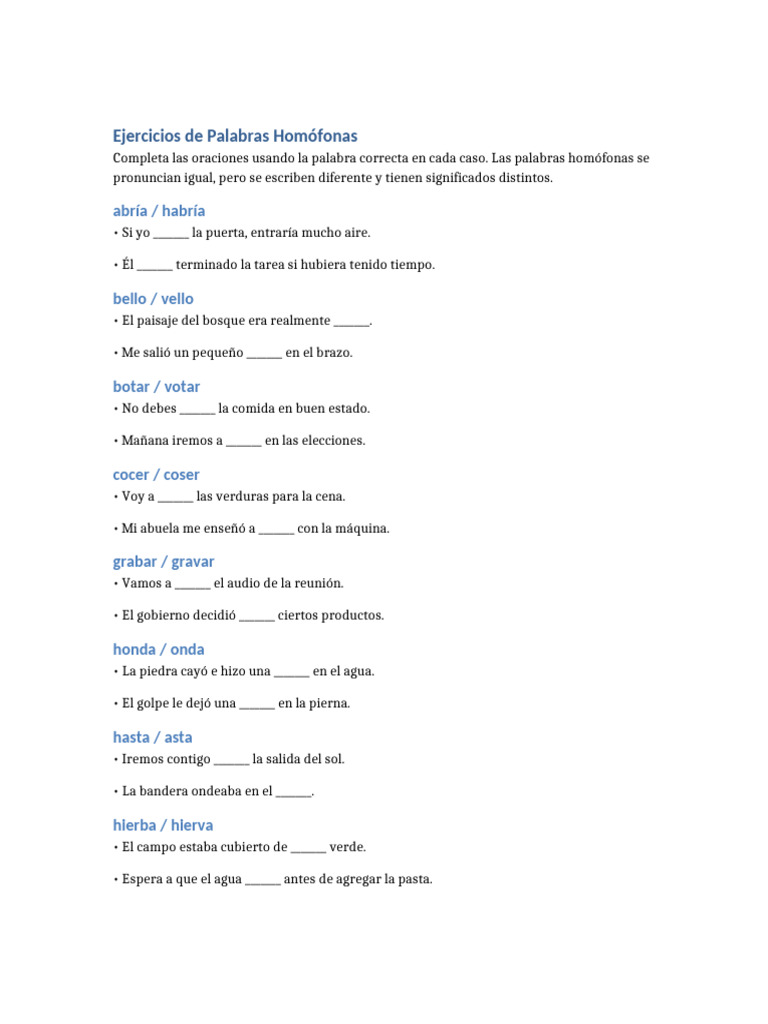 Ejercicios Palabras Homofonas 20 | PDF