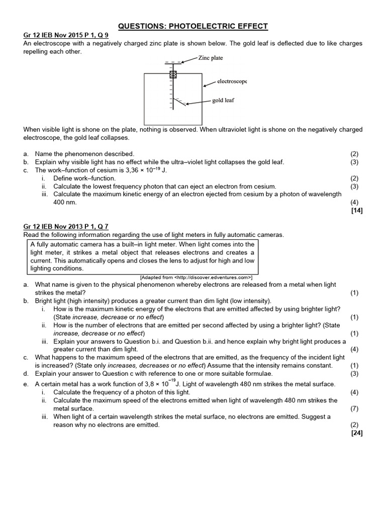 Photoelectric Effect Questions & Answers | PDF | Photoelectric Effect ...