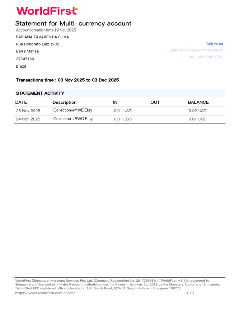 Statement For Multi-Currency Account: Transactions Time: 03 Nov 2025 To ...