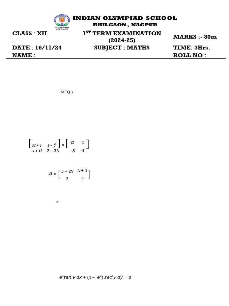 class 12th ,MATHS 1ST TERM (1) | PDF | Mathematical Objects ...