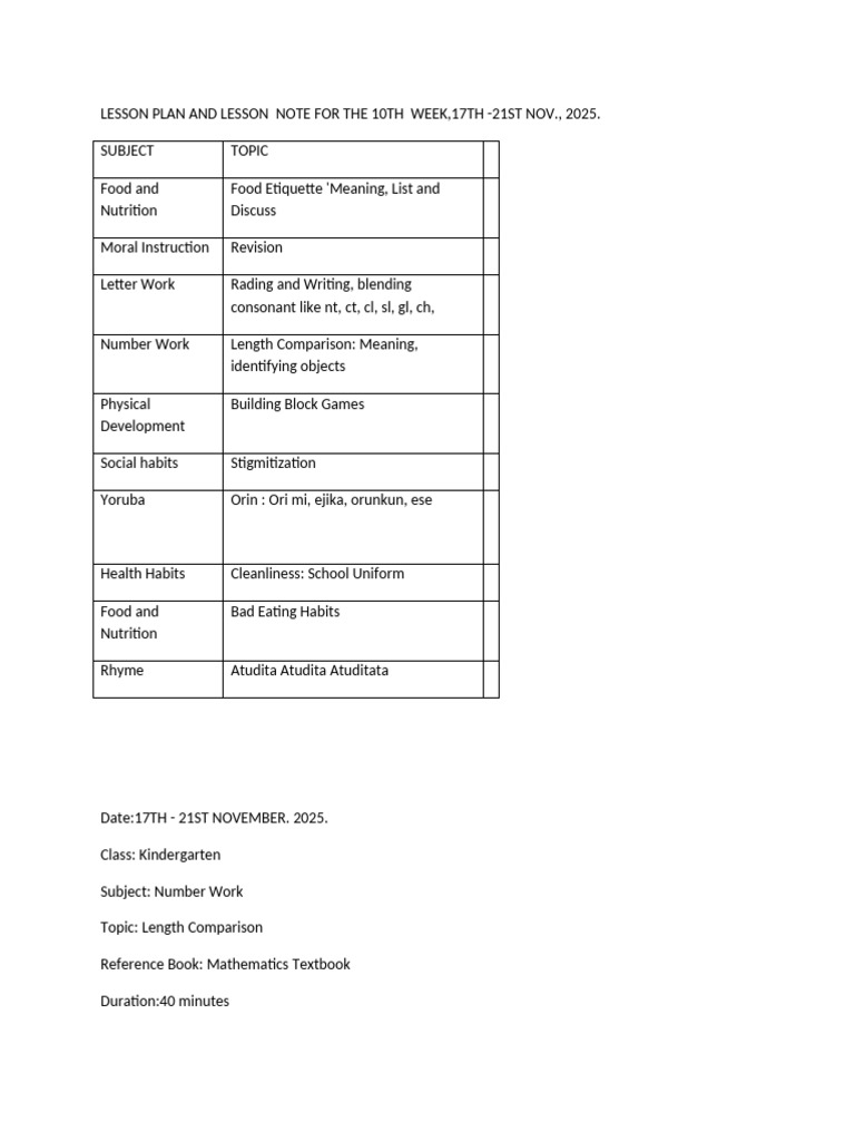 Lesson Plan and Lesson Note For 10th Week | PDF