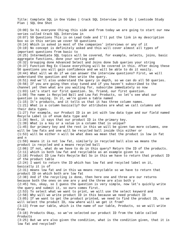 Complete SQL in One Video Crack SQL Interview in 50 Qs Leetcode Study Plan SQL One Shot SQL - Hi ...