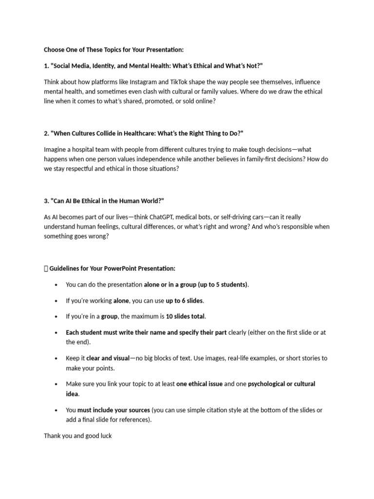 Ethical Presentation Topics Guide | PDF