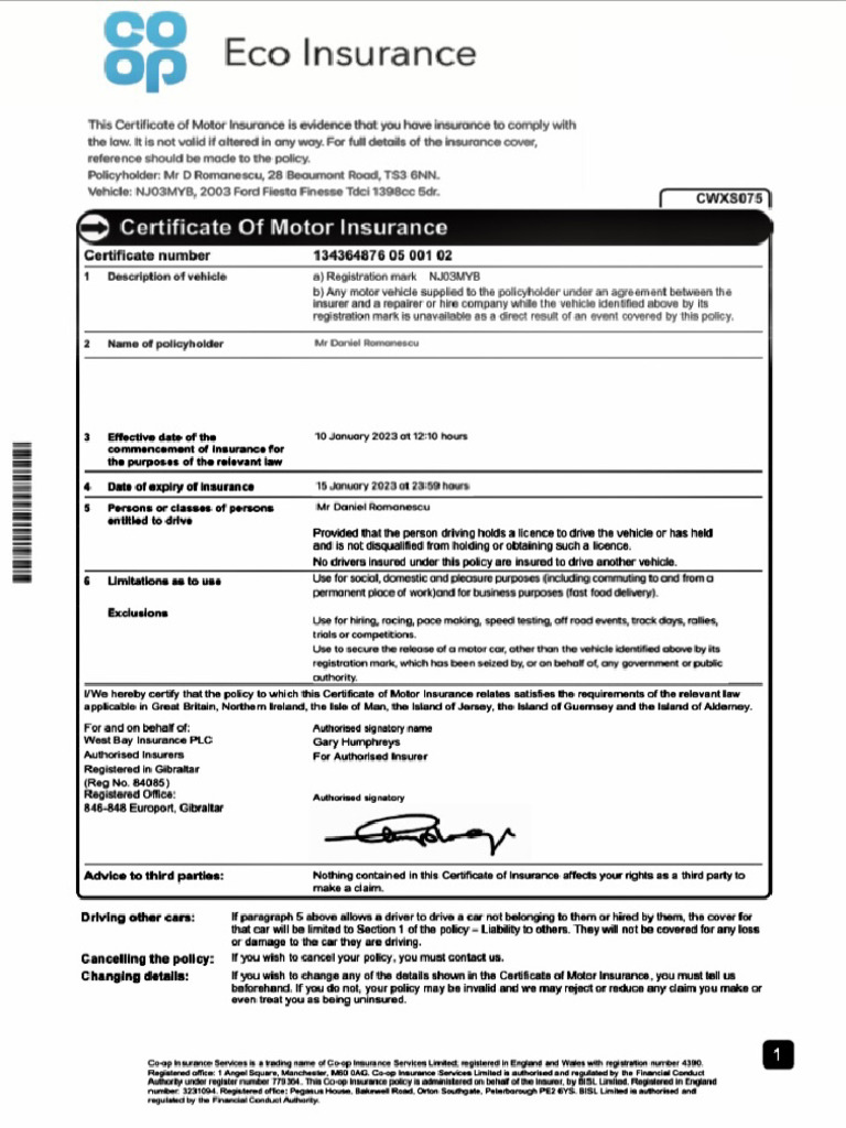 Certificate of Motor Insurance | PDF