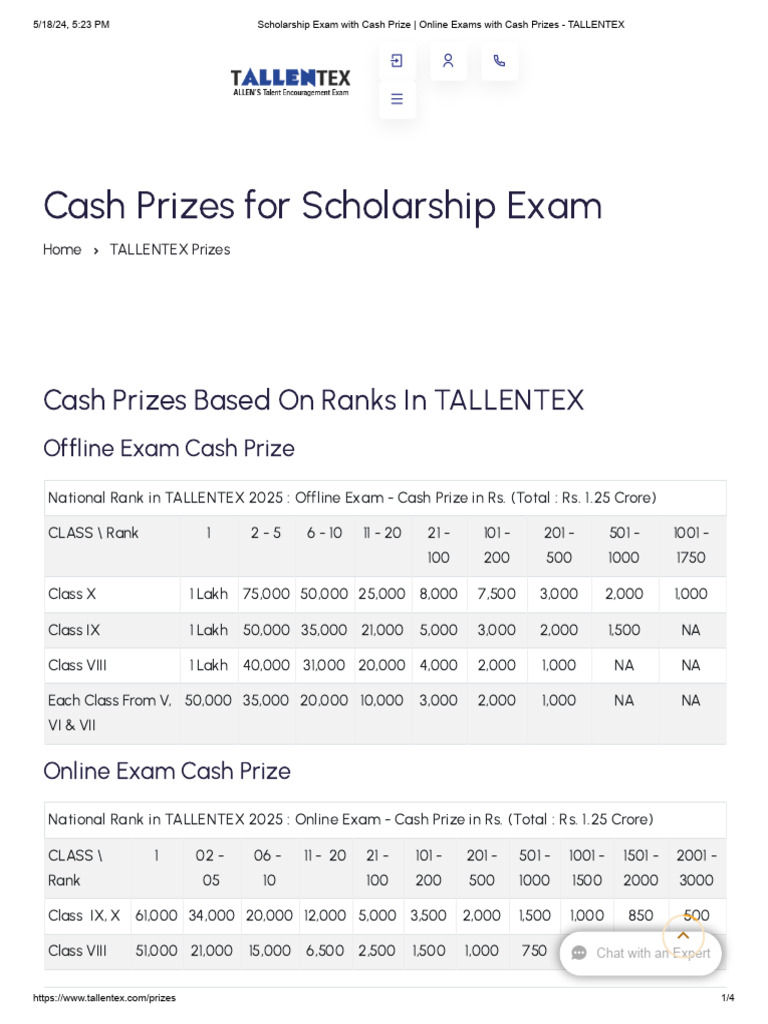 TALLENTEX Scholarship Exam Cash Prizes | PDF