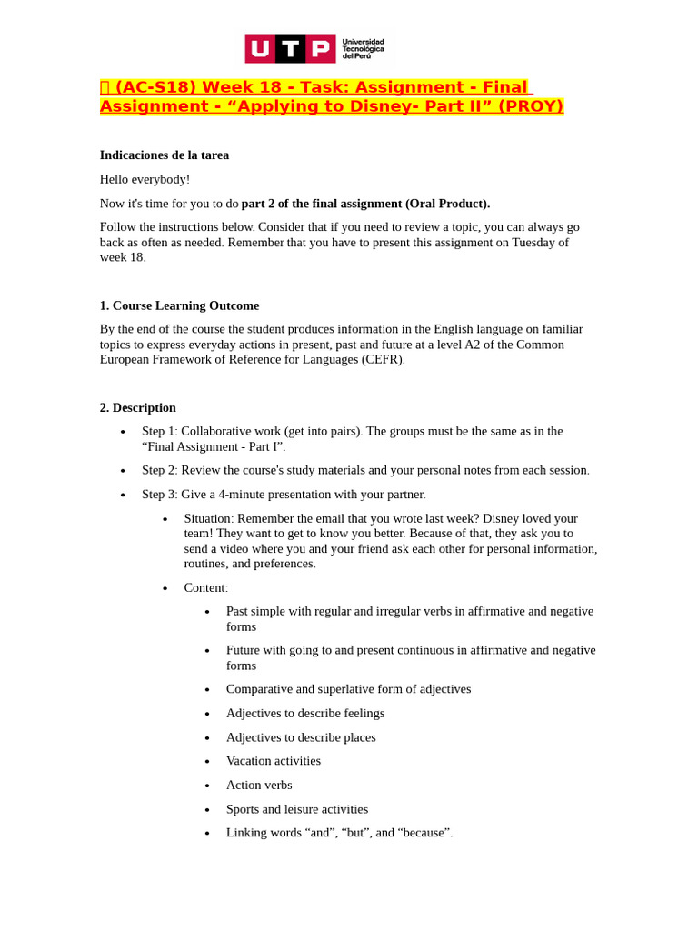 ? (AC-S18) Week 18 - Task Assignment - Final Assignment - “Applying to Disney- Part II” (PROY ...