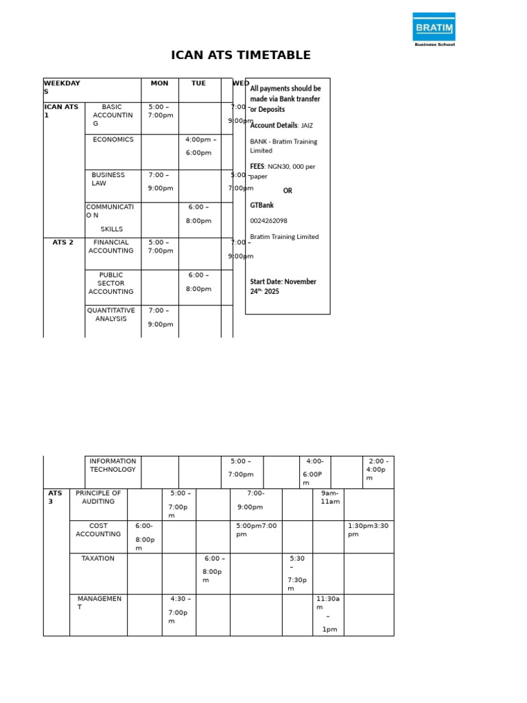 ICAN ATS Weekly Class Schedule | PDF | Accounting | Financial Economics