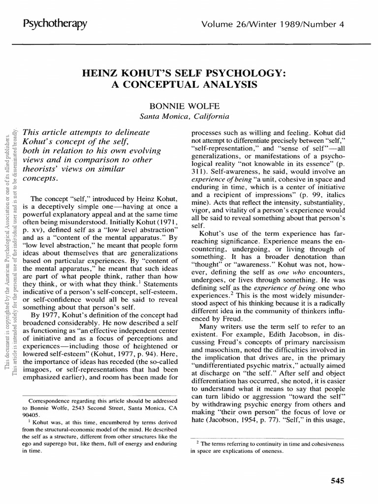 H.kohut-Self Psychology Conceptual Analysis-Wolfe1989 | PDF | Self ...