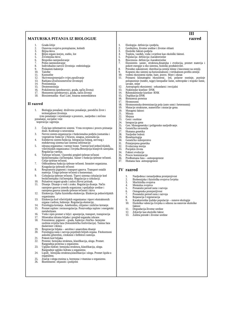 Maturska Pitanja Biologija | PDF