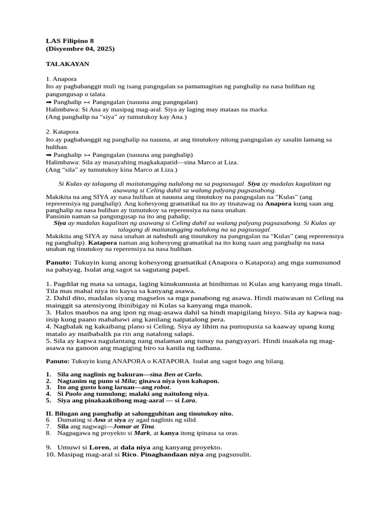 LAS Filipino 8 Disyembre 04 2025 | PDF