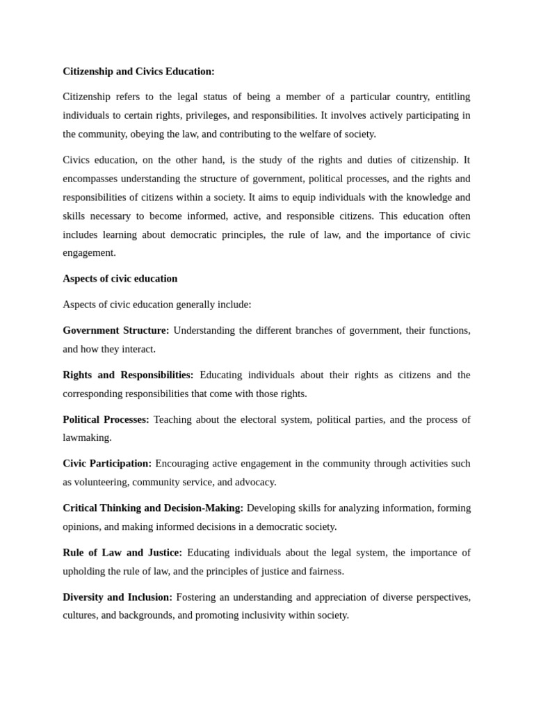 Citizenship and Civics Education Overview | PDF