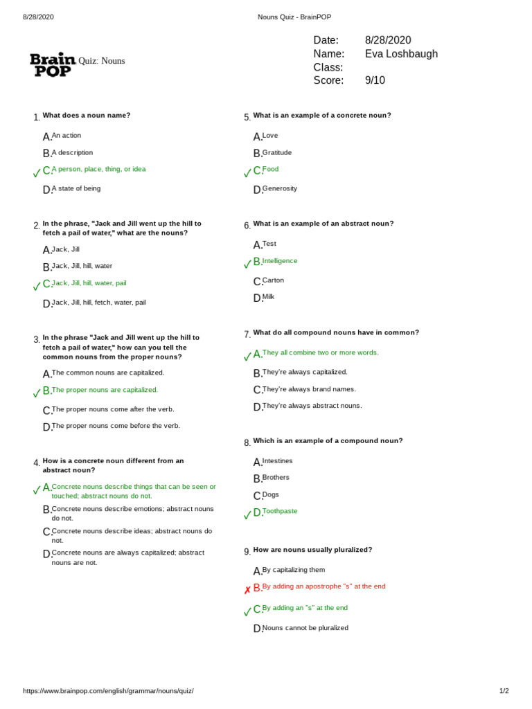 Nouns Quiz - BrainPOP | PDF | Noun | Linguistic Typology