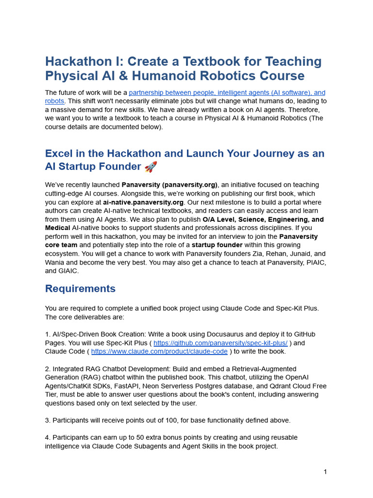 Hackathon I - Physical AI & Humanoid Robotics Textbook | PDF ...