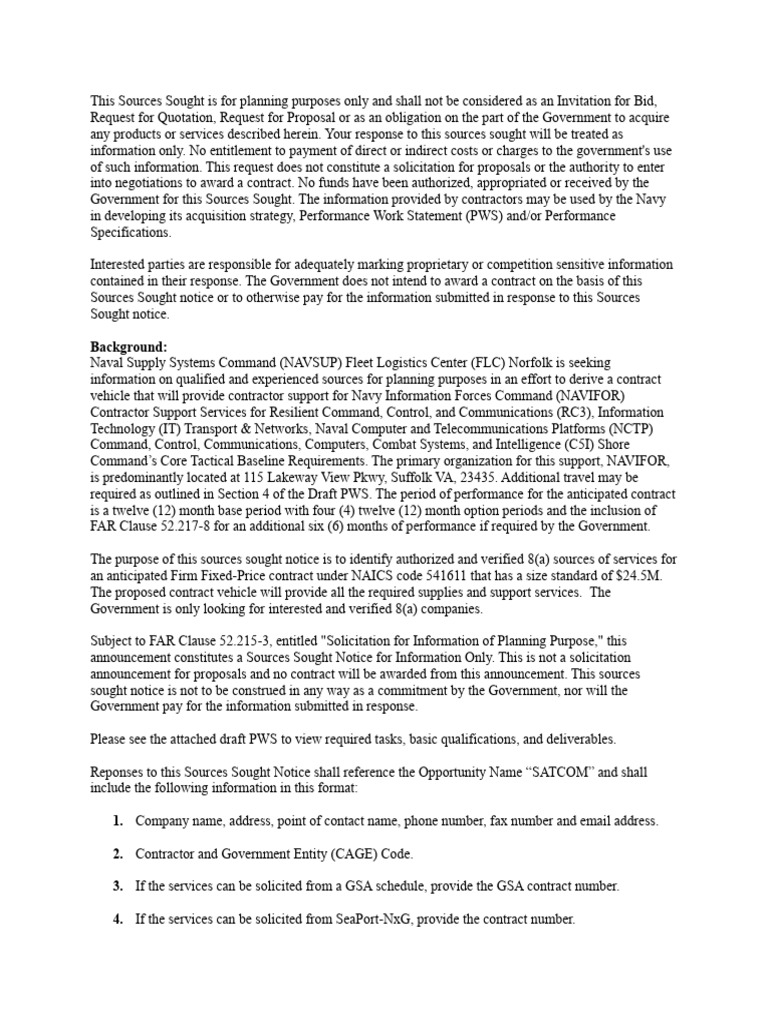 NAVSUP Sources Sought for 8(a) Services | PDF
