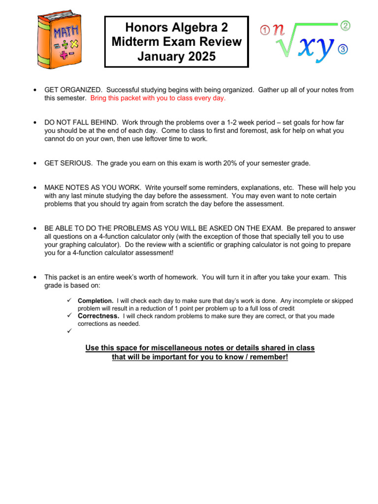 Honors Algebra 2 Midterm REVIEW (2024-2025) | PDF | Zero Of A Function ...