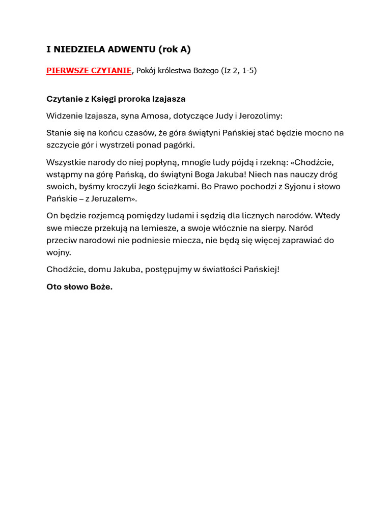 Czytania, 1 Niedziela Adwentu A | PDF