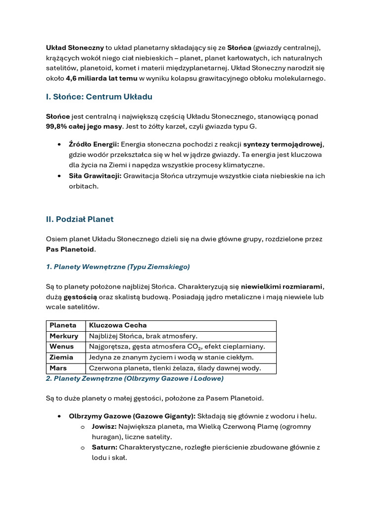 Układ Słoneczny Budowa I Elementy Składowe | PDF