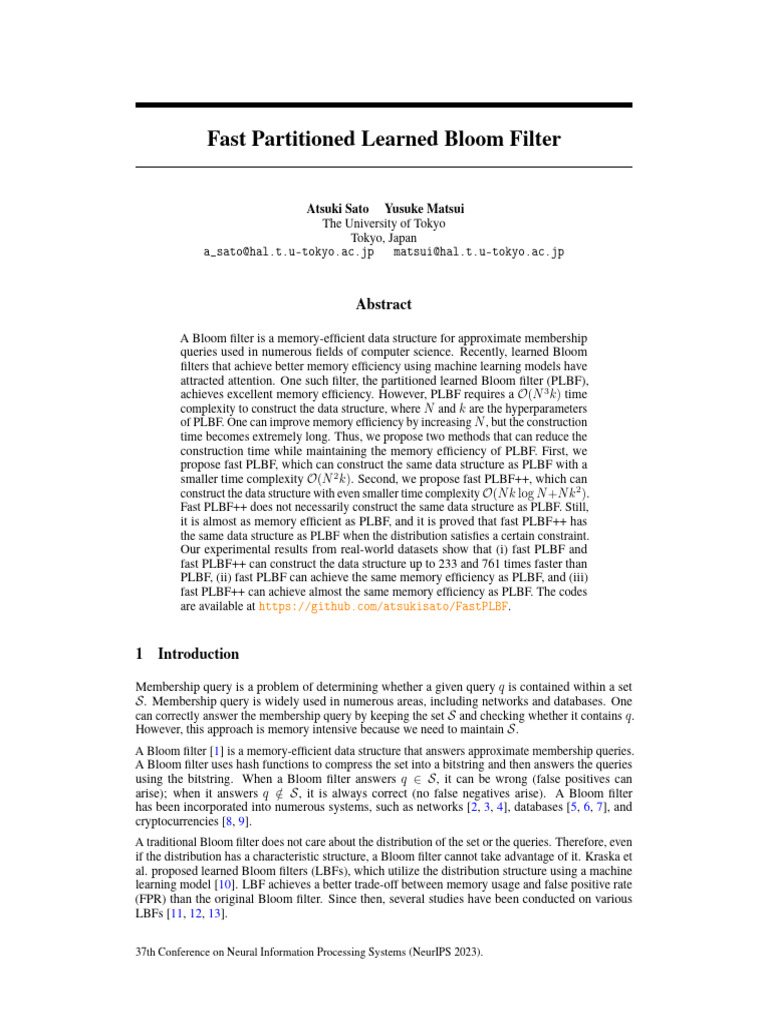 NeurIPS 2023 Fast Partitioned Learned Bloom Filter Paper Conference ...