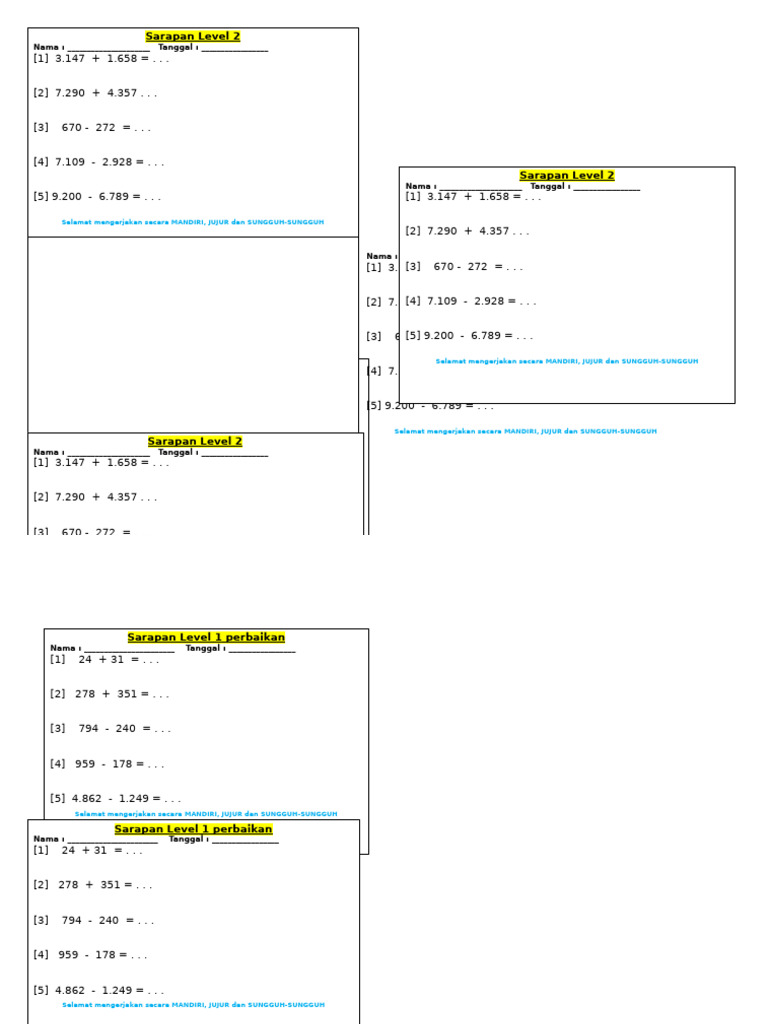2526 Soal MTK Kabatakur Level 2 (Jumlah Kurang) | PDF
