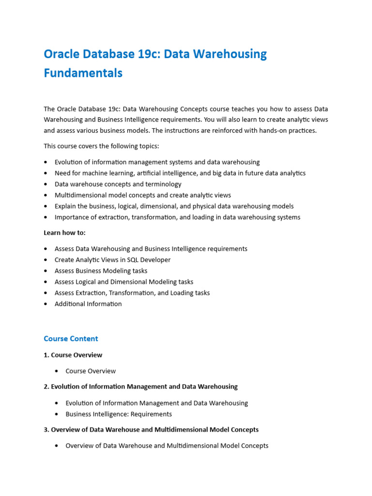 Oracle Database 19c - Data Warehousing Fundamentals | PDF