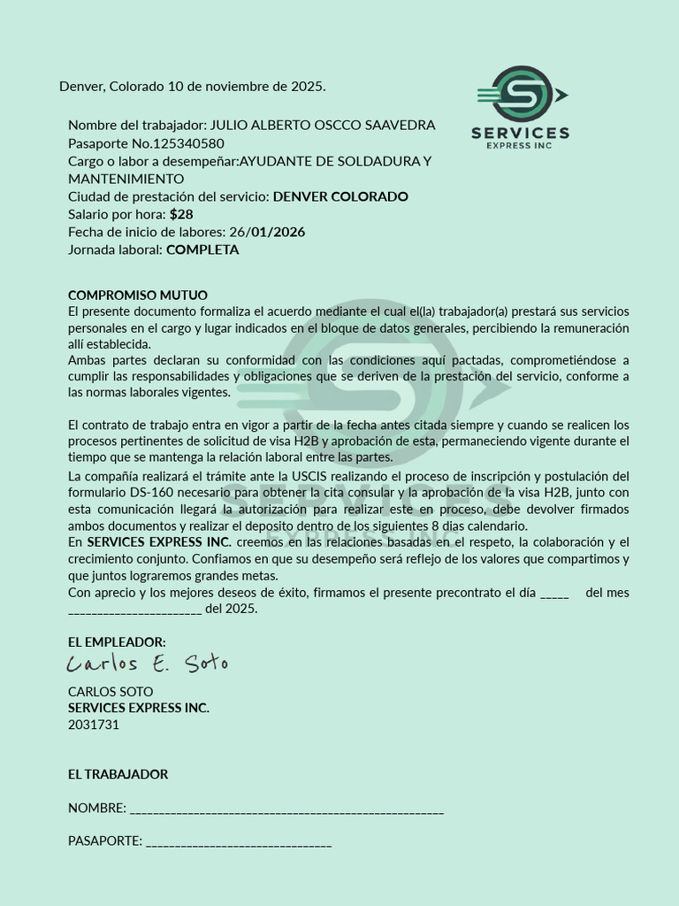Carta de Bienvenida Julio Oscco | PDF