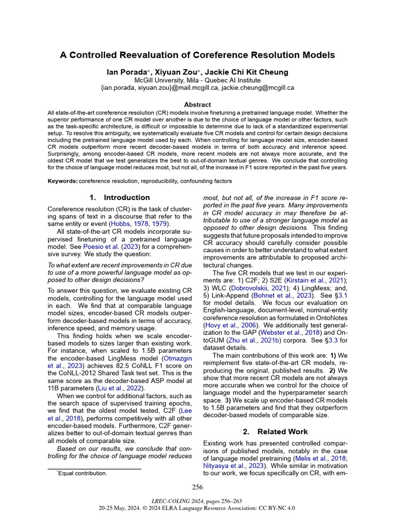 Porada - A Controlled Reevaluation of Coreference Resolution Models ...