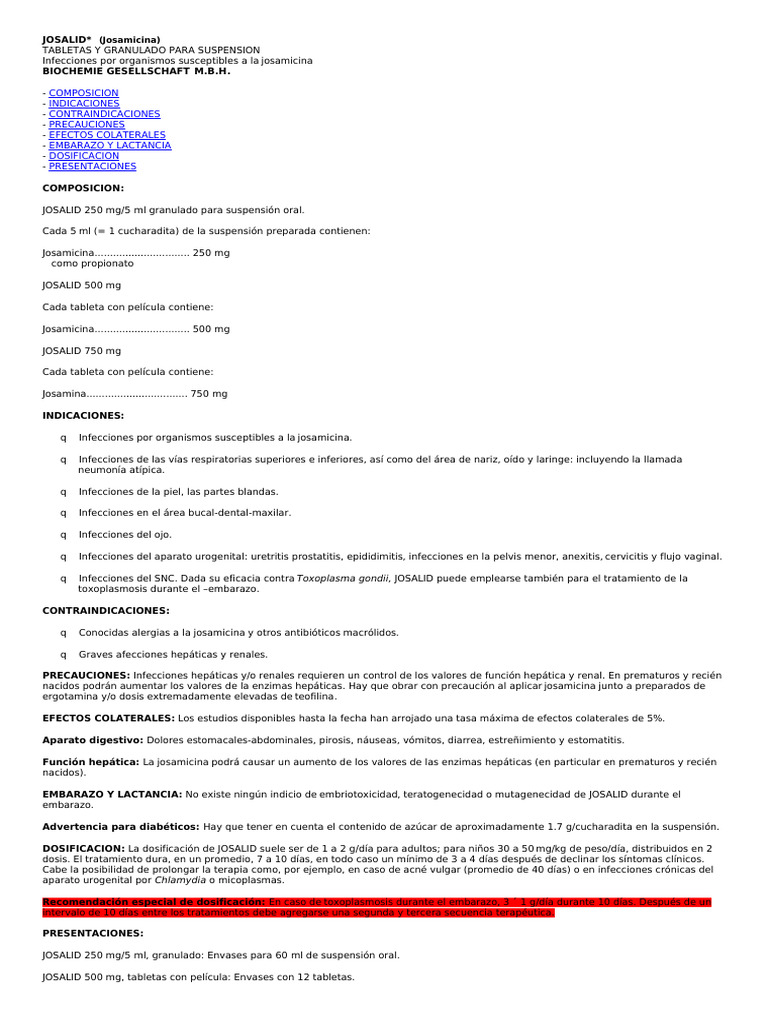 Josamicina: Usos, Dosificación y Efectos | PDF | Tableta (Farmacia ...