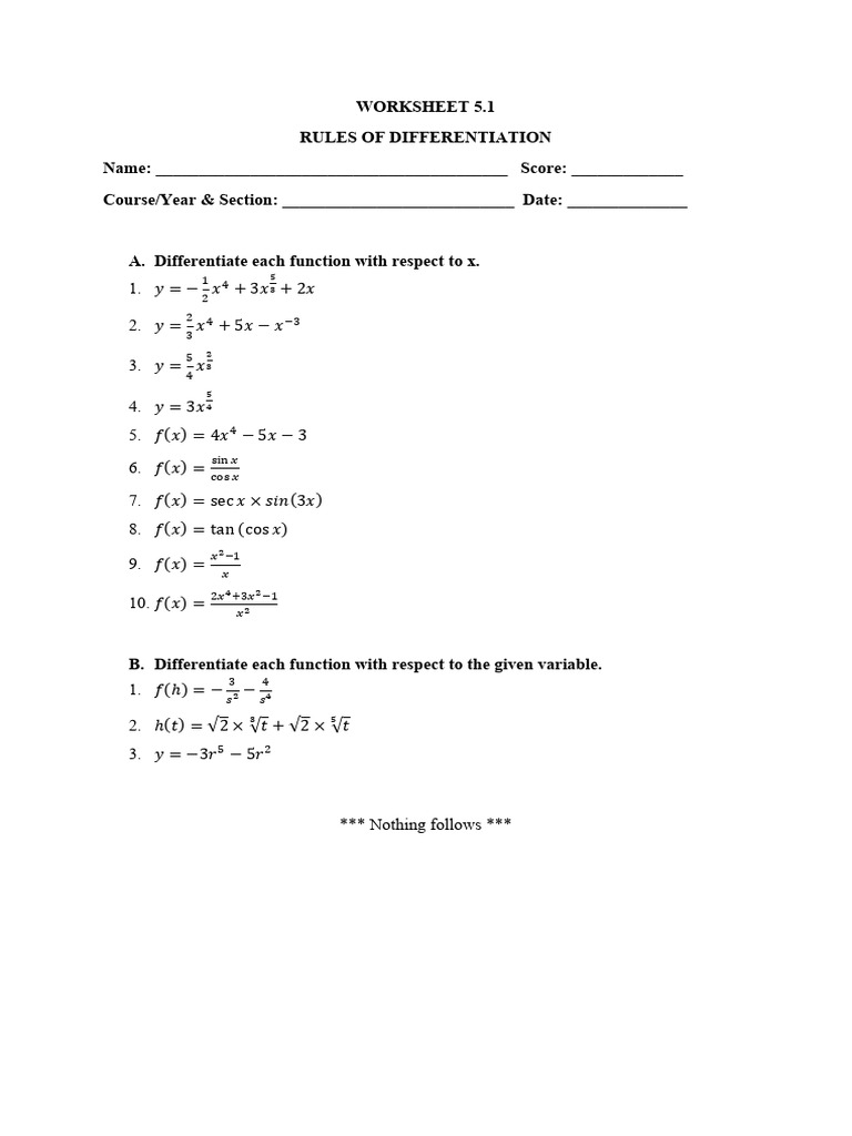 Worksheet 5.1 | PDF | Derivative | Function (Mathematics)