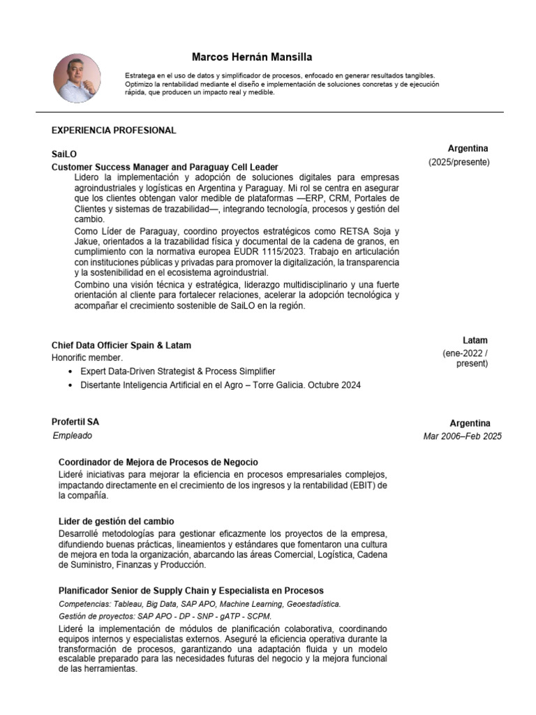 Cv Marcos Mansilla - 2025 | PDF | Logística | Planificación de recursos ...