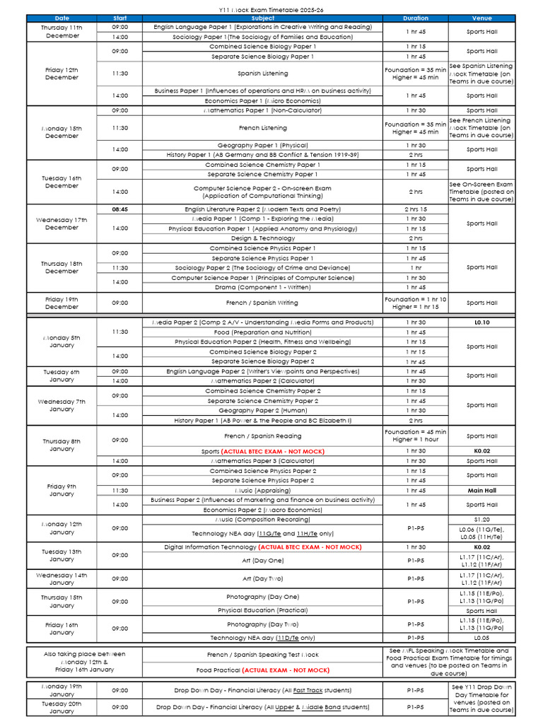 Y11 Mock Exam Timetable 25-26 - FINALISED | PDF | Science | Liberal ...
