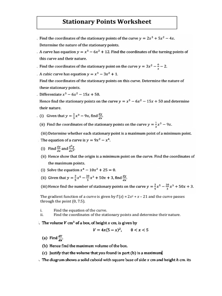Stationary Points Worksheet 251113 201303 | PDF