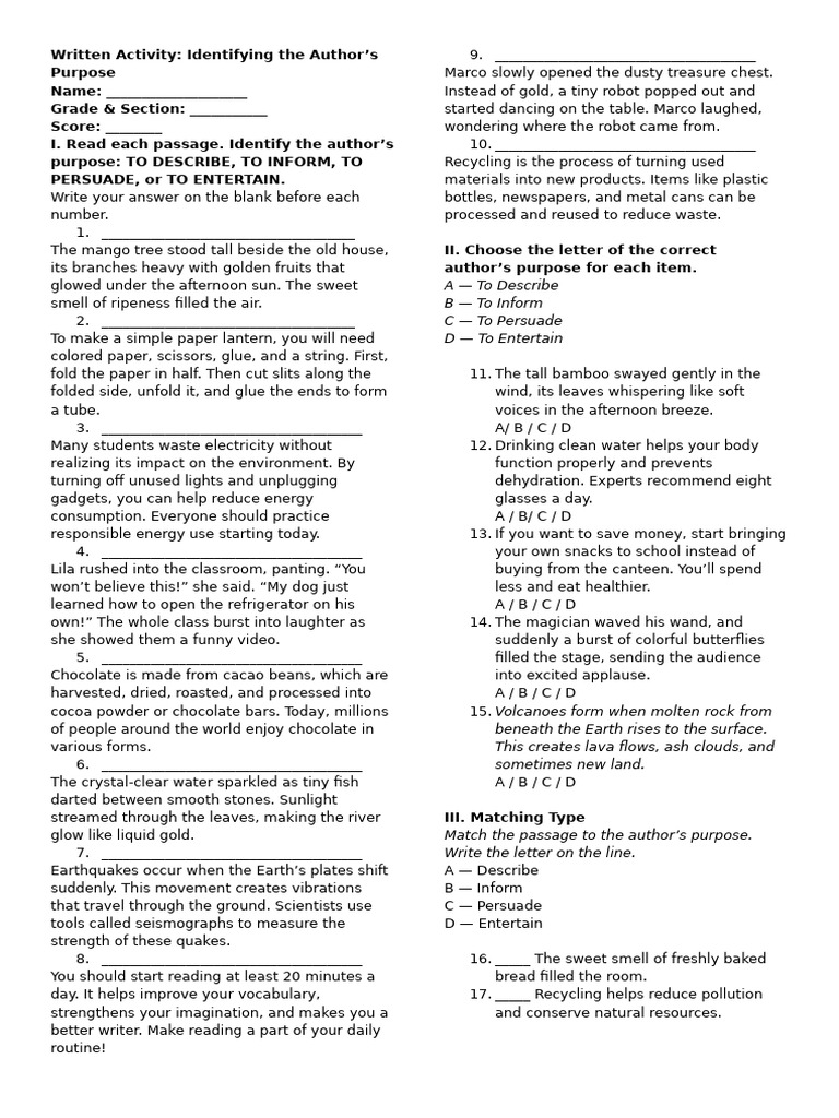 Author's Purpose Identification Activity | PDF | Chocolate