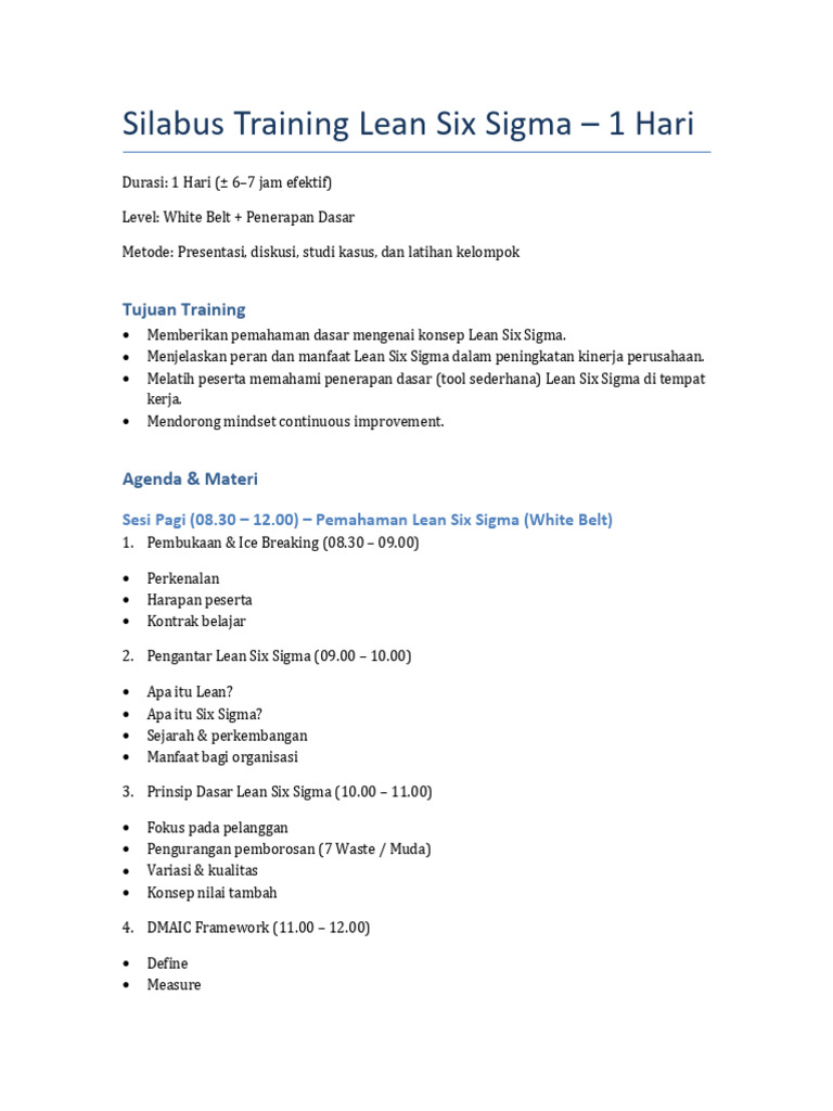 Silabus Training Lean Six Sigma White Belt Plus Penerapan | PDF